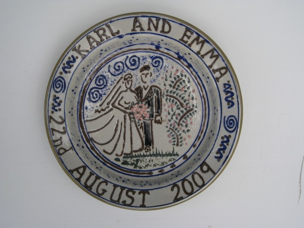 Commemorative plates hand thrown and decorated at Bentham Pottery.